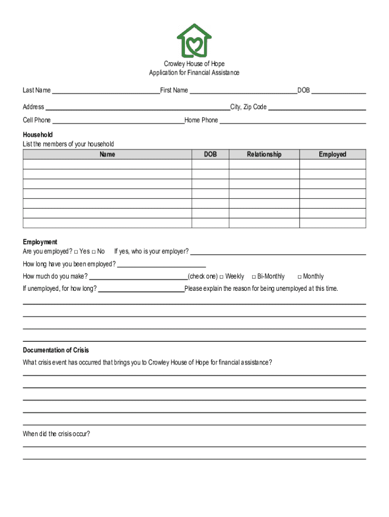 Fillable Online Crowley House of Hope Financial Assistance Application ...