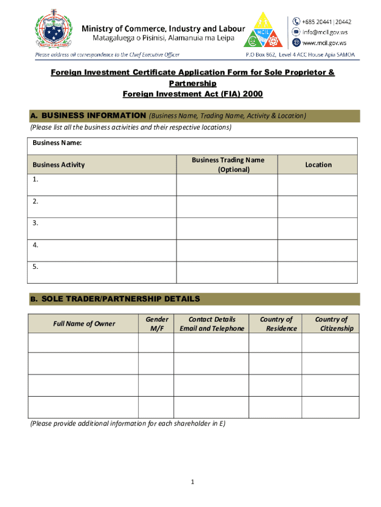 Fillable Online Foreign Investment Certificate Application Form for Sole Proprietor ...