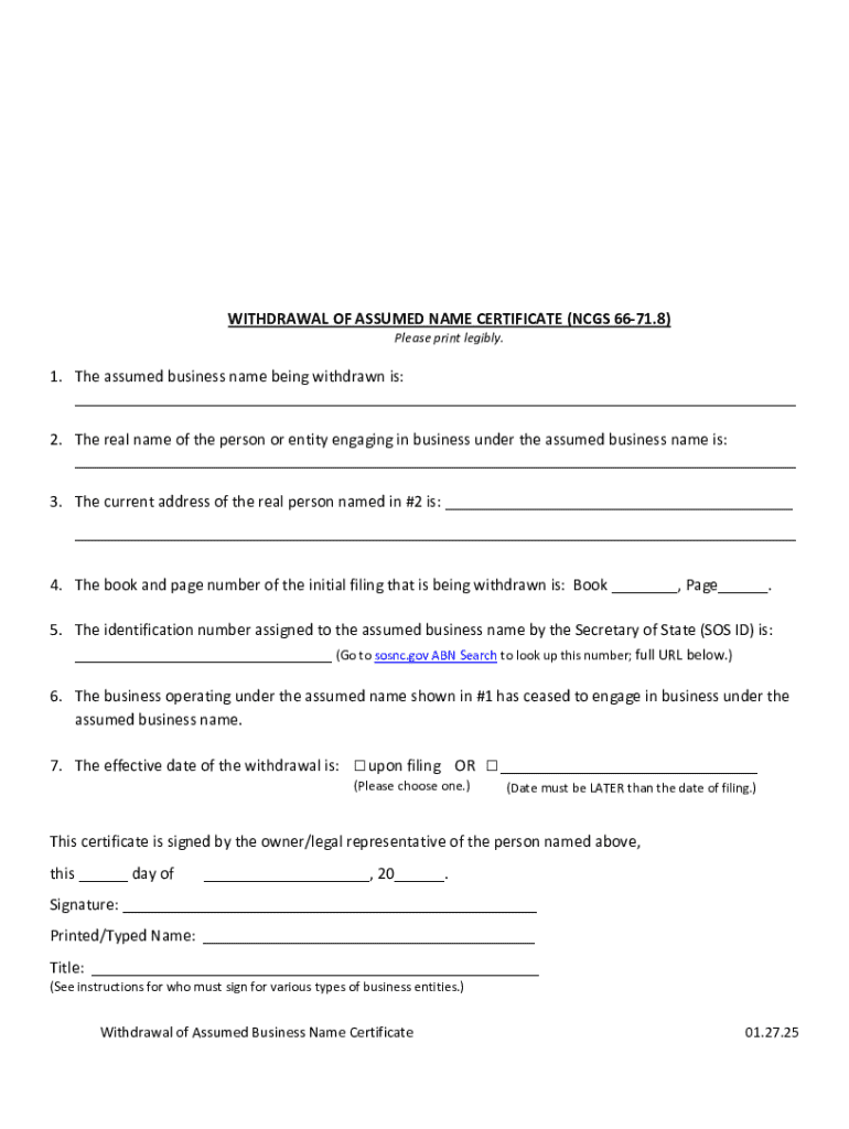 Fillable Online Withdrawal of Assumed Name Certificate (ncgs 66-71.8 ...
