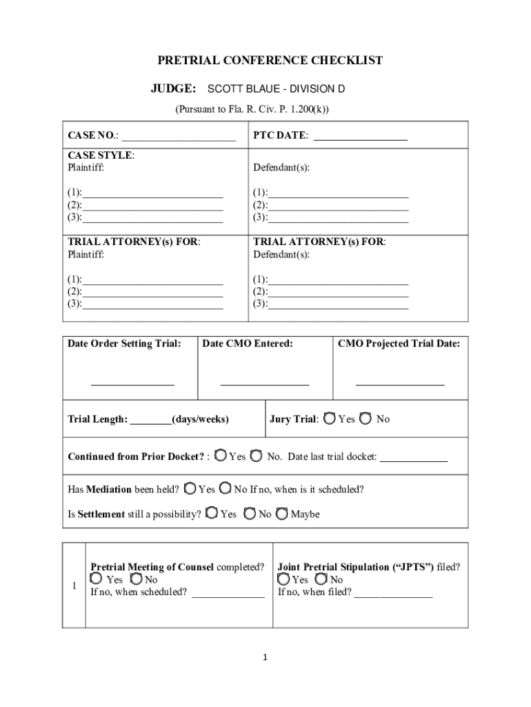 Fillable Online Pretrial Conference Checklist - Judge: Scott Blaue Fax Email Print - pdfFiller