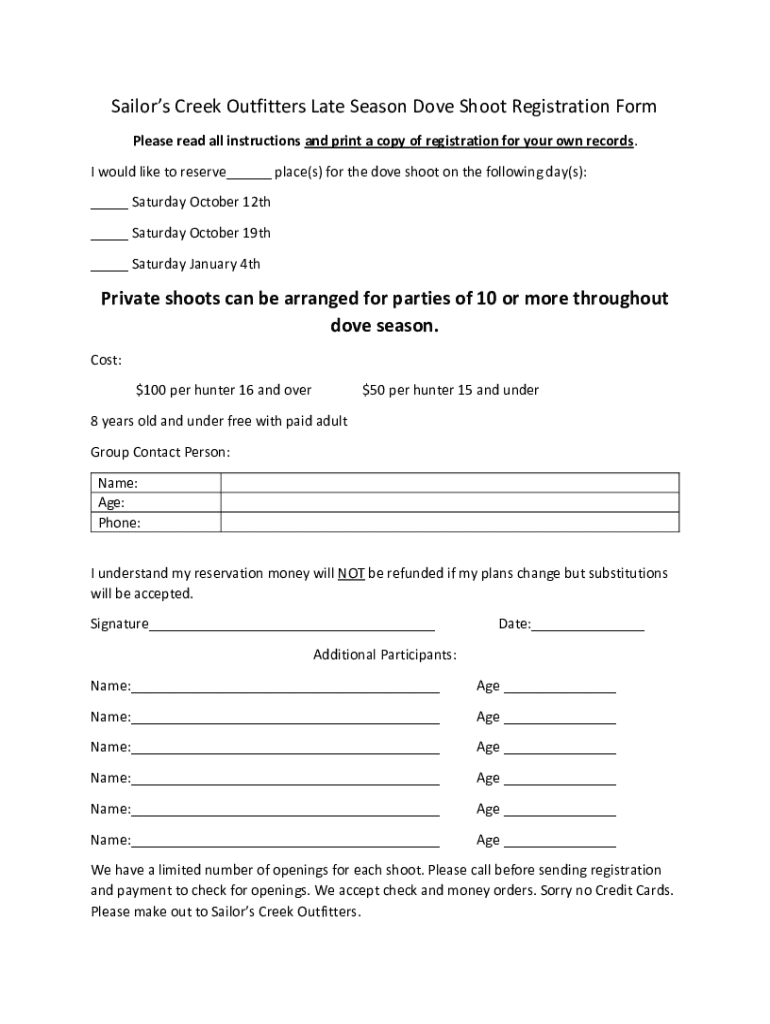 Fillable Online Sailor’s Creek Outfitters Dove Shoot Registration Fax ...