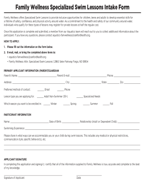 Fillable Online Family Wellness Specialized Swim Lessons Intake Form ...