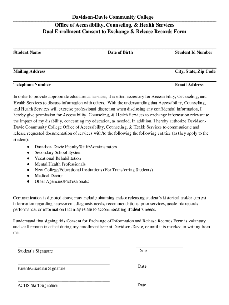 Fillable Online Dual Enrollment Consent to Exchange & Release Records Fax Email Print - pdfFiller