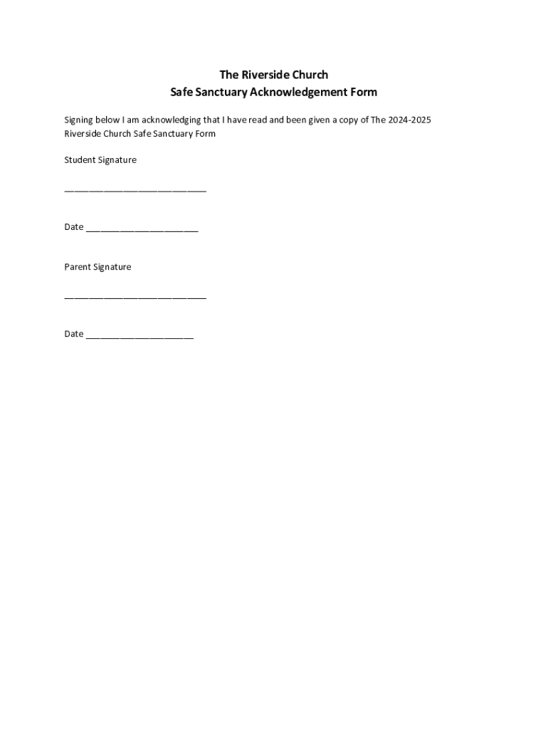 Fillable Online the Riverside Church Safe Sanctuary Acknowledgement ...