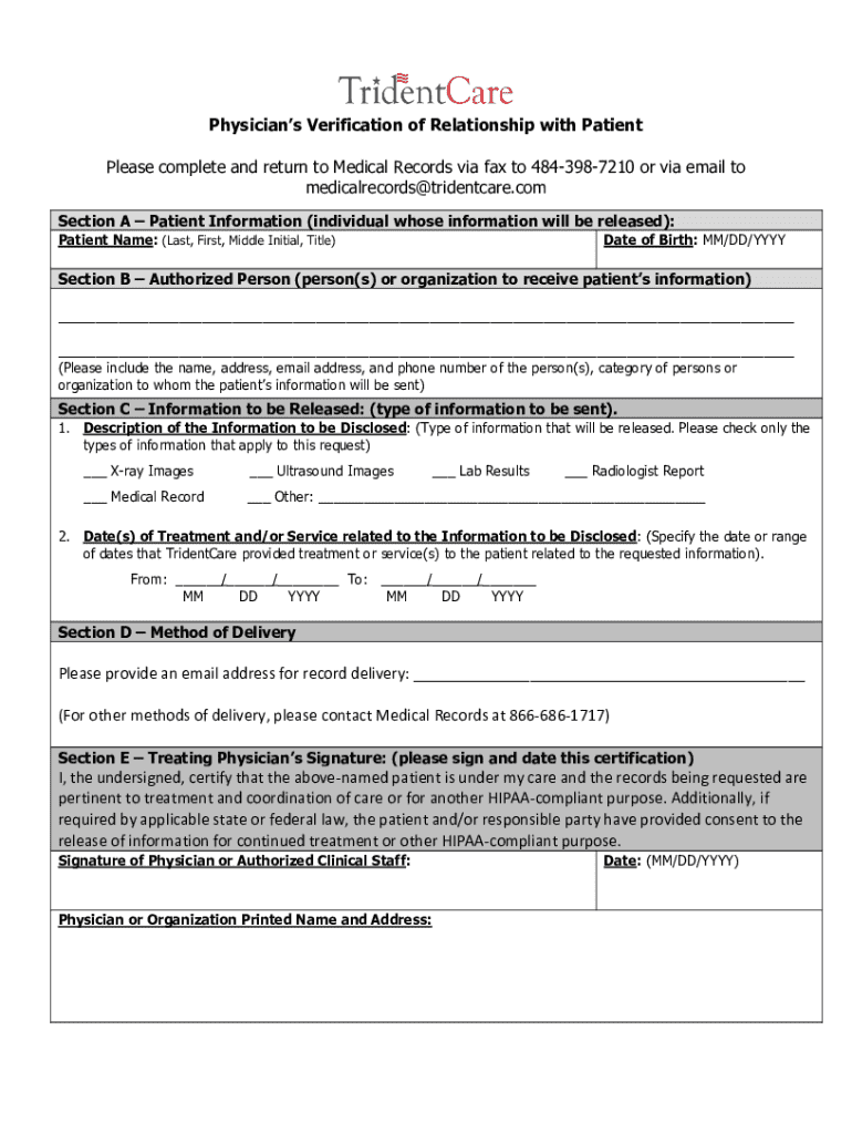 Fillable Online Physician’s Verification of Relationship With Patient Fax Email Print - pdfFiller