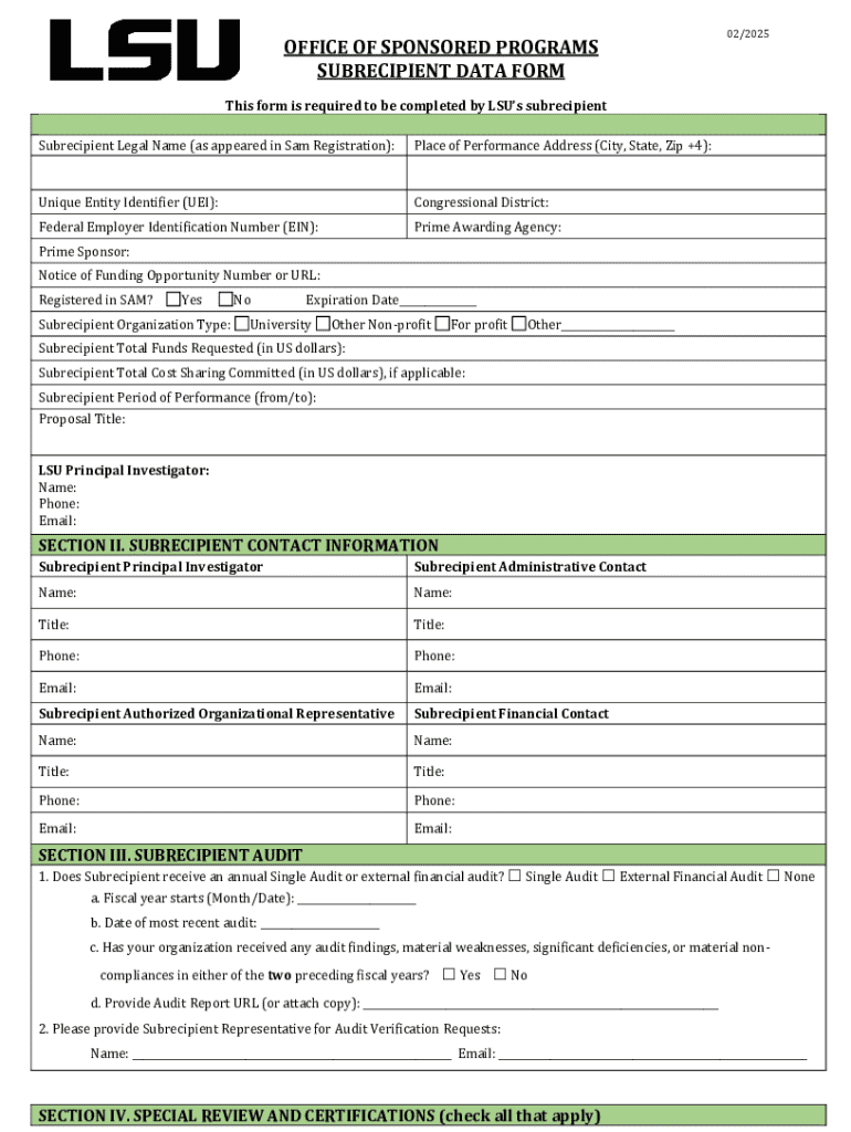 Fillable Online Office of Sponsored Programs - Subrecipient Data Form ...