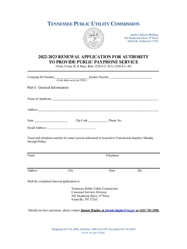 Fillable Online Tennessee Public Utility Commission Payphone Service Renewal Application Fax ...