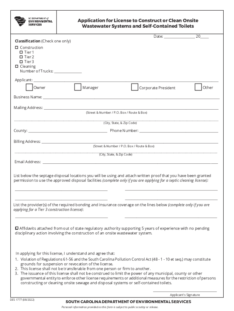 Fillable Online Application for License to Construct or Clean Onsite ...