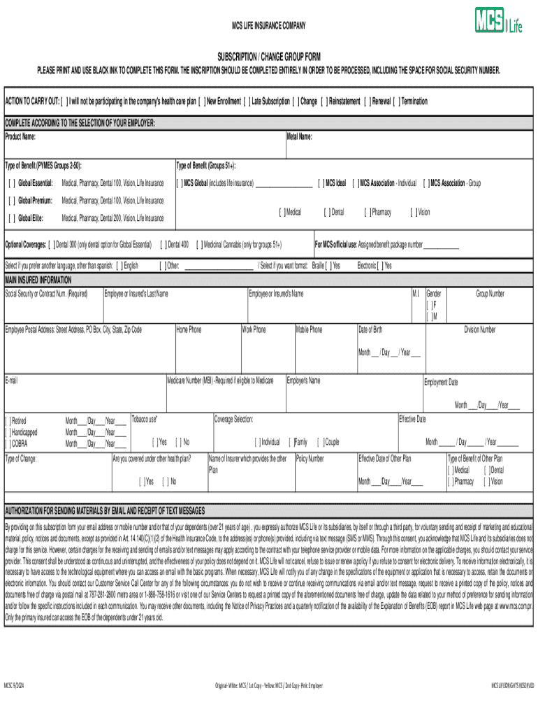 Fillable Online Mcs Life Insurance Company Subscription / Change Group ...