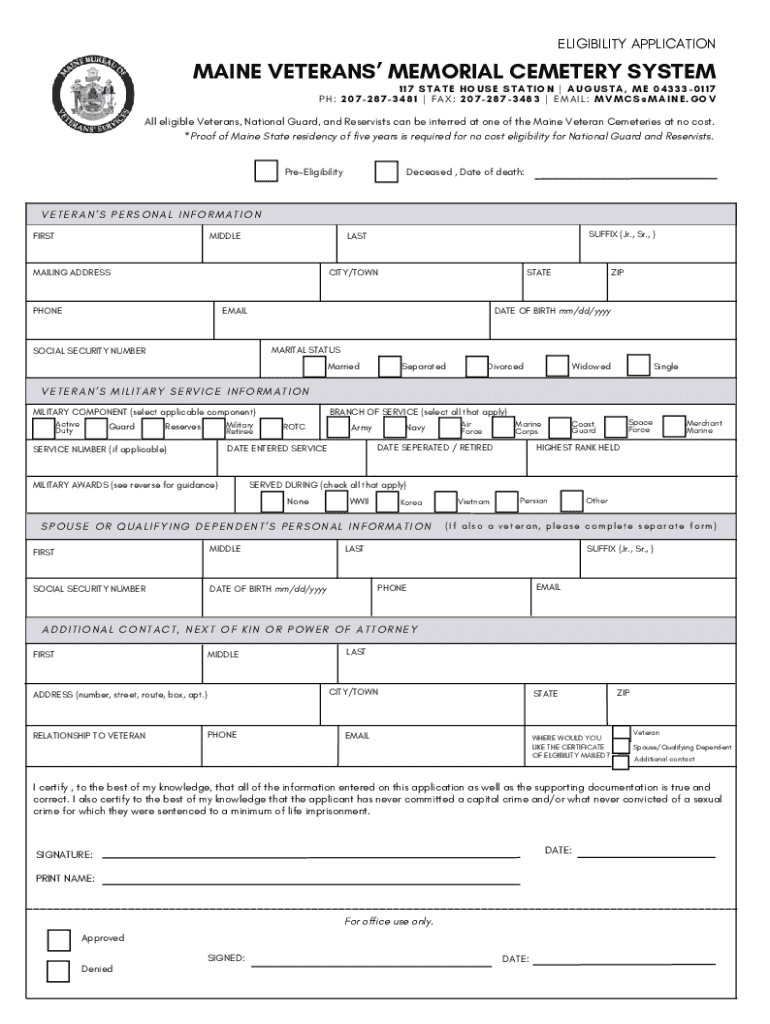 Fillable Online Maine Veterans' Memorial Cemetery System Eligibility Application Fax Email Print ...