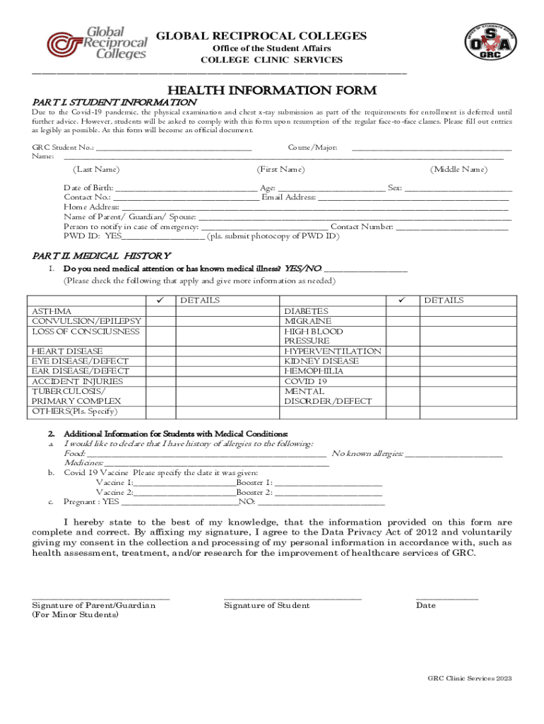 Fillable Online Health Information Form for Global Reciprocal Colleges ...