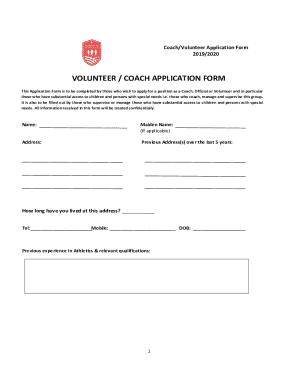 Fillable Online Volunteer / Coach Application Form 2019/2020 Fax Email ...