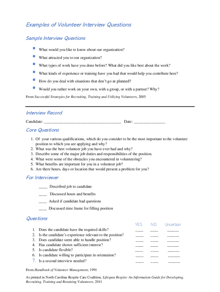 Fillable Online Examples of Volunteer Interview Questions Fax Email ...