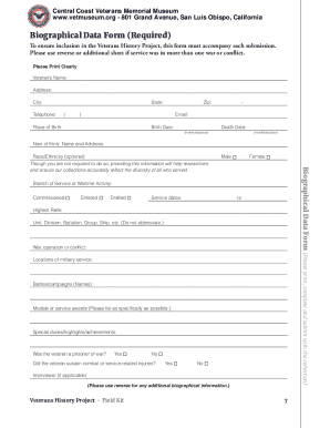 Fillable Online Veterans History Project Biographical Data Form Fax ...