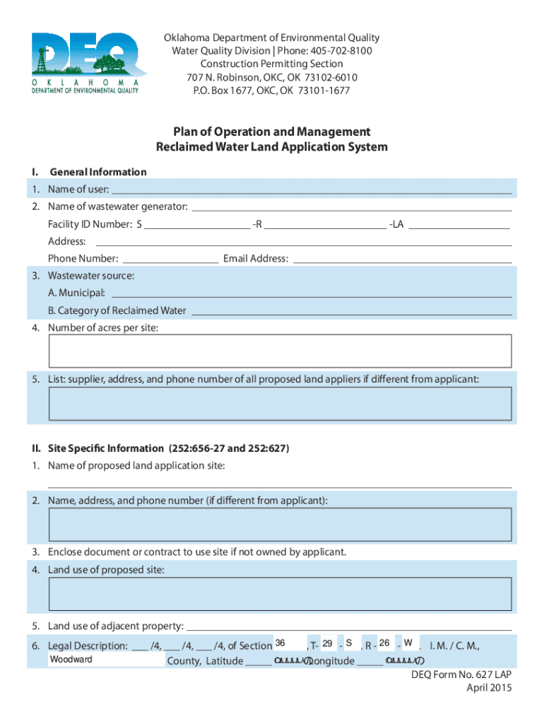 Fillable Online Plan of Operation and Management for Reclaimed Water ...