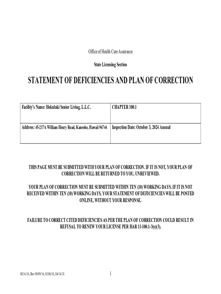 Fillable Online Office of Health Care Assurance - Statement of Deficiencies and Plan of ...
