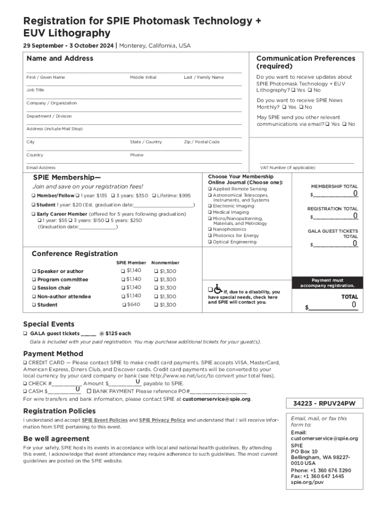 Fillable Online Registration for Spie Photomask Technology + Euv ...