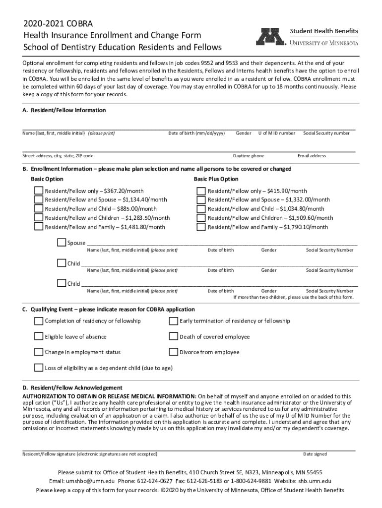 Fillable Online Cobra Health Insurance Enrollment and Change Fax Email ...