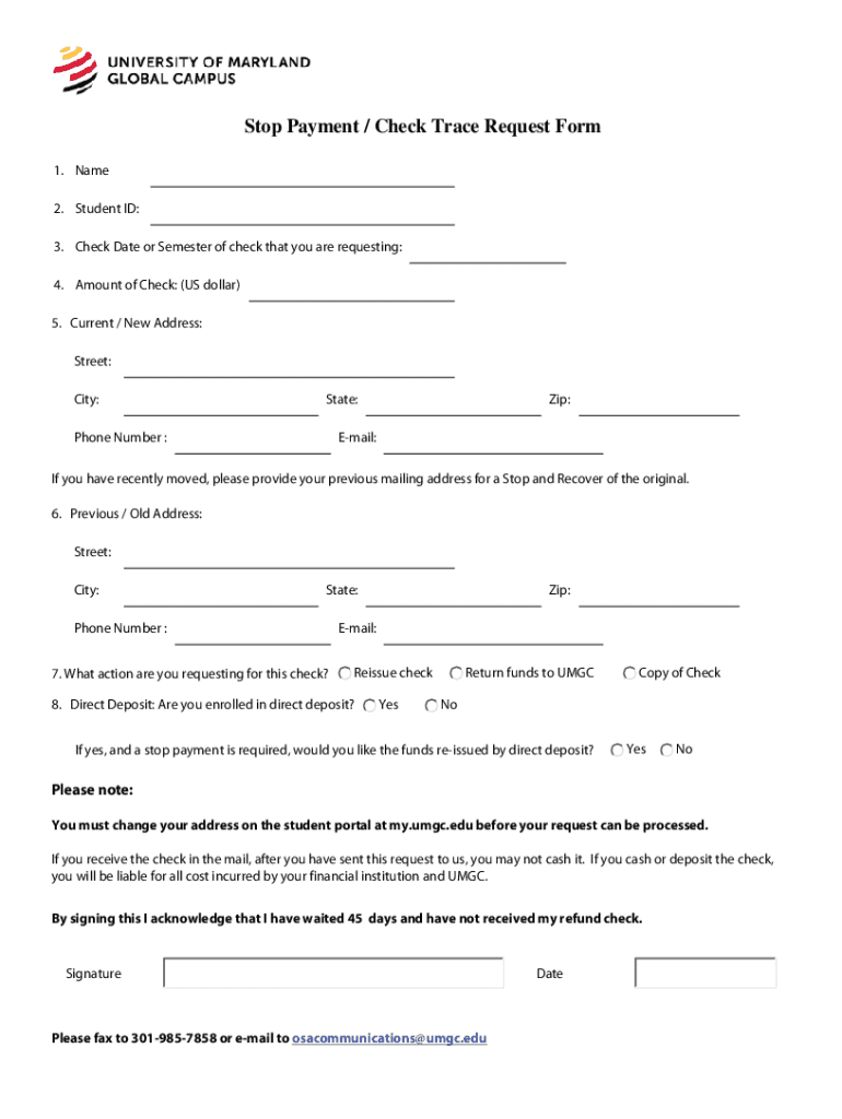 Fillable Online Stop Payment / Check Trace Request Form Fax Email Print ...