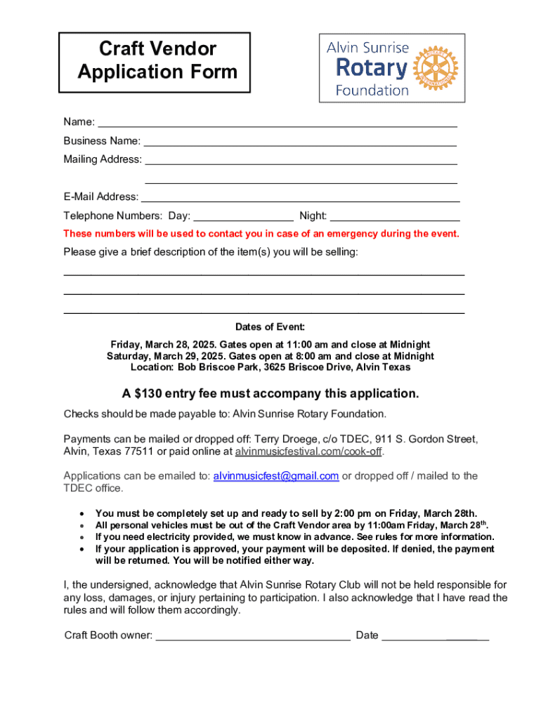 Fillable Online Craft Vendor Application Fax Email Print - pdfFiller
