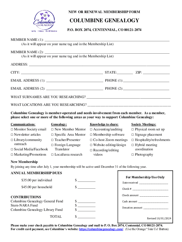 Fillable Online Columbine Genealogy Membership Application Fax Email ...