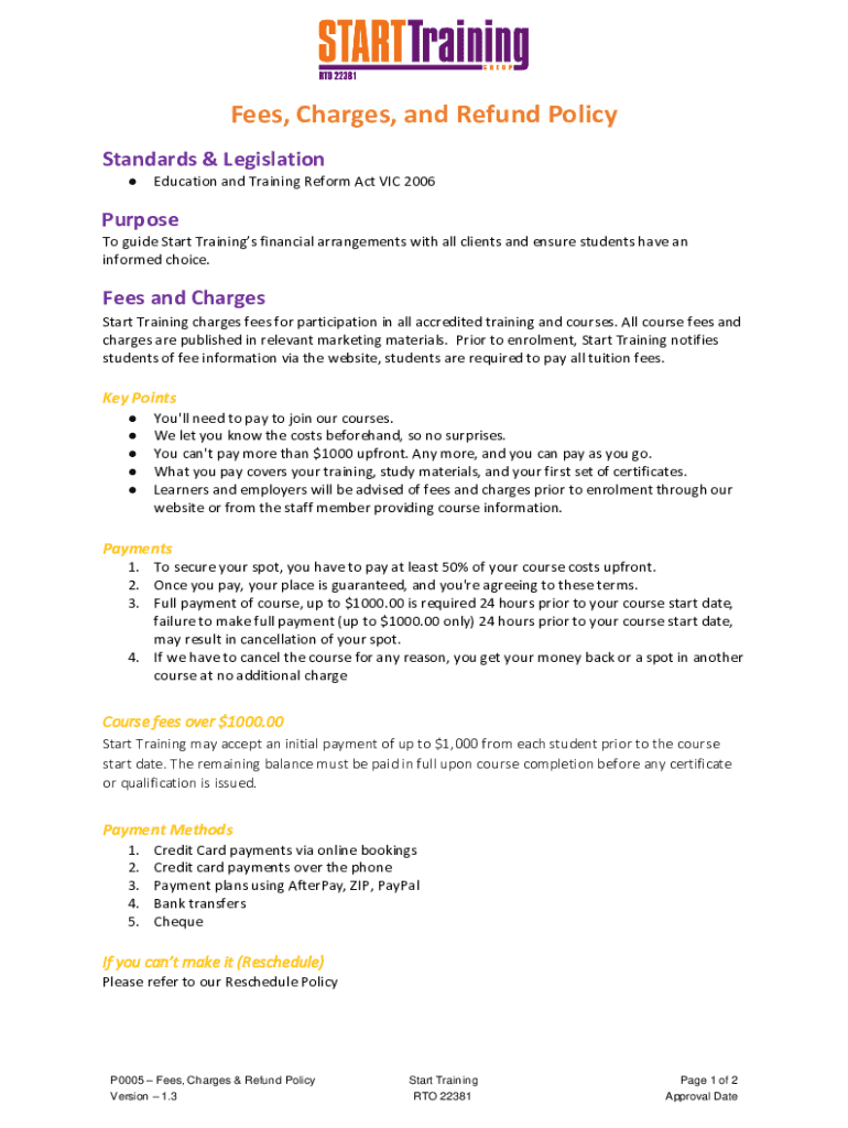 Fillable Online Fees, Charges, and Refund Policy Fax Email Print ...