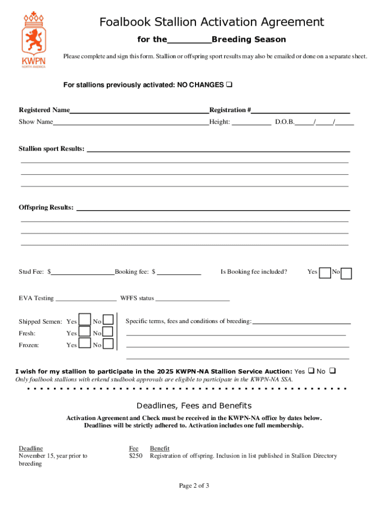 Fillable Online Foalbook Stallion Activation Agreement for the Breeding ...
