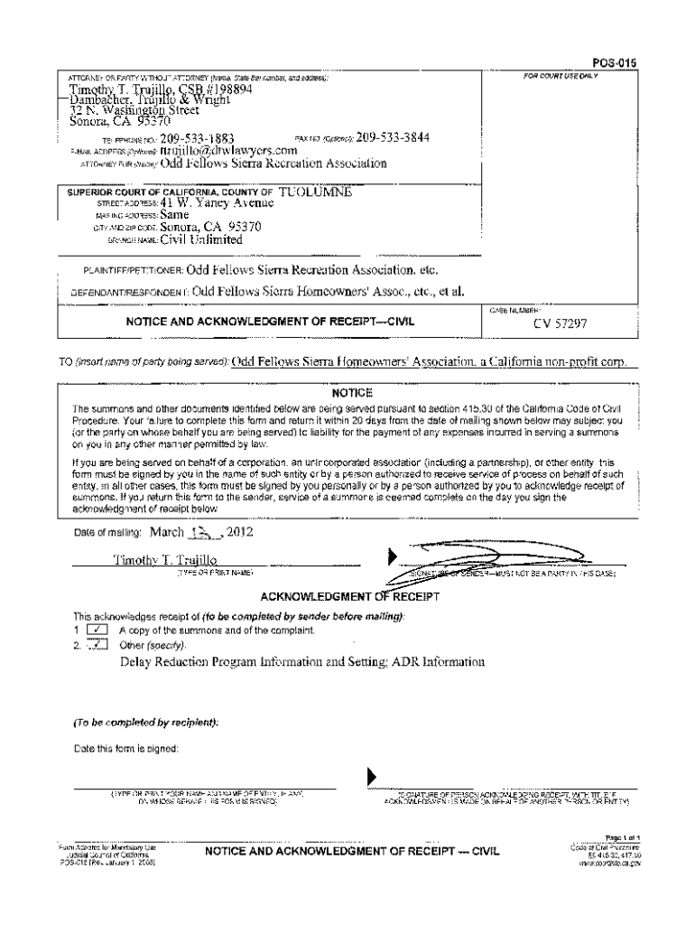 Fillable Online Notice and Acknowledgment of Receipt-civil Fax Email Print - pdfFiller