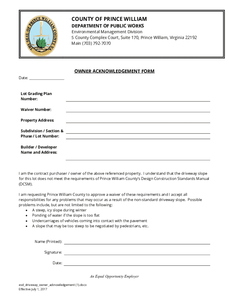 Fillable Online Owner Acknowledgement Form Fax Email Print - pdfFiller