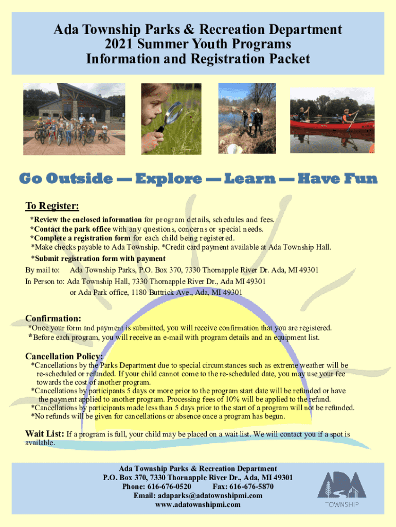 Fillable Online Ada Township Parks & Recreation Department 2021 Summer Youth Programs ...