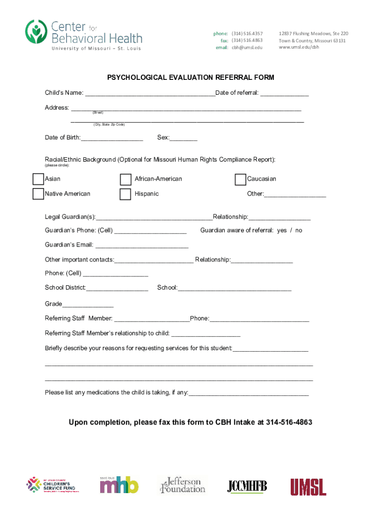 Fillable Online Psychological Evaluation Referral Form Fax Email Print - pdfFiller