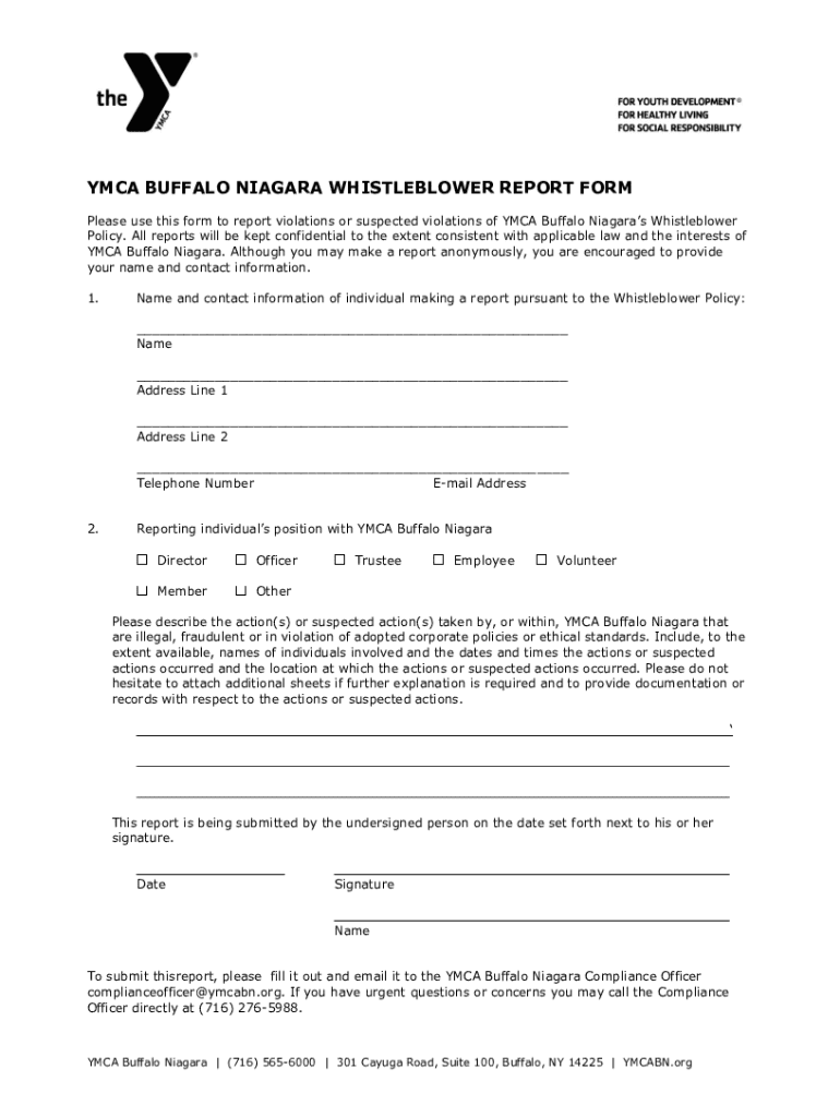 Fillable Online Ymca Buffalo Niagara Whistleblower Report Fax Email ...