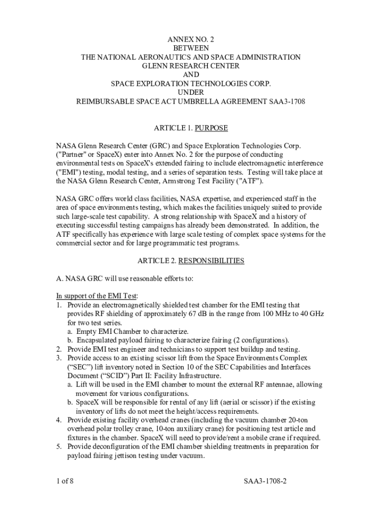 Fillable Online REIMBURSABLE SPACE ACT UMBRELLA AGREEMENT SAA3-1708 Fax Email Print - pdfFiller