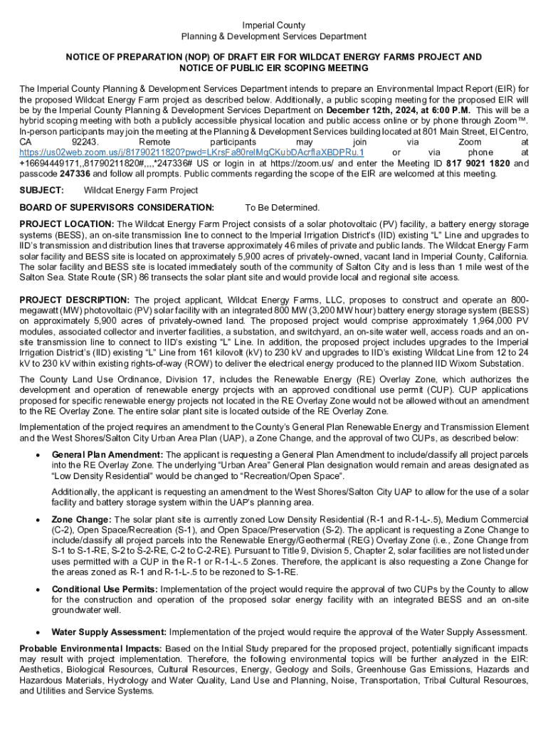 Fillable Online NOTICE OF PREPARATION (NOP) OF DRAFT EIR FOR WILDCAT ...