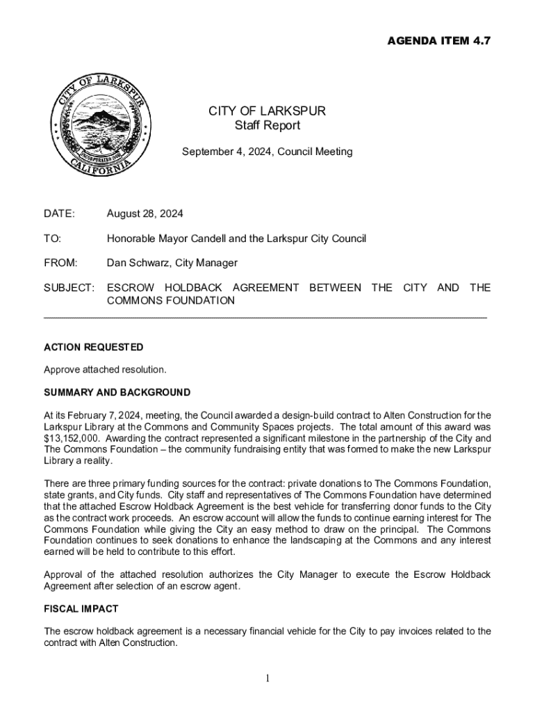 Fillable Online ESCROW HOLDBACK AGREEMENT BETWEEN THE CITY AND THE Fax ...
