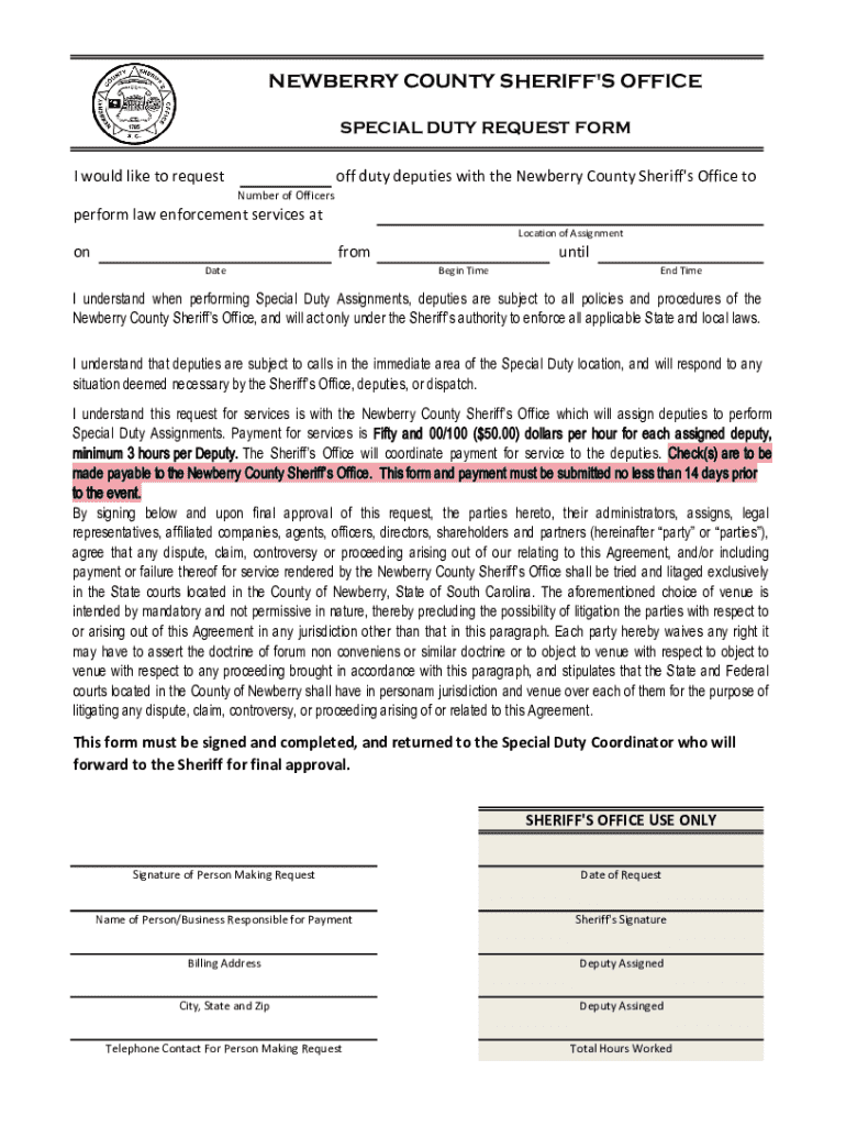 Fillable Online Newberry County Sheriff's Office Special Duty Request ...