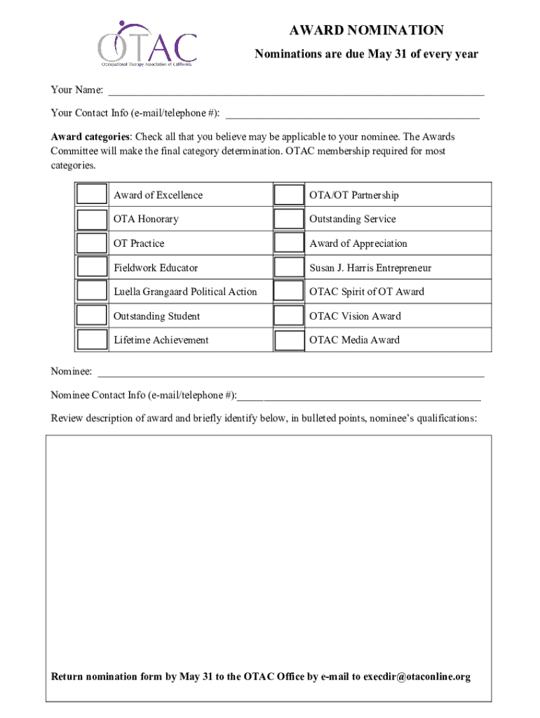 Fillable Online Otac Award Nomination Fax Email Print - pdfFiller