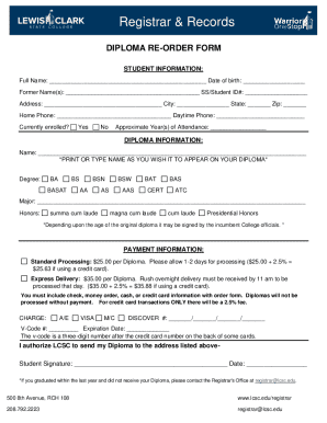 Fillable Online Registrar & Records - Diploma Re-order Form Fax Email ...
