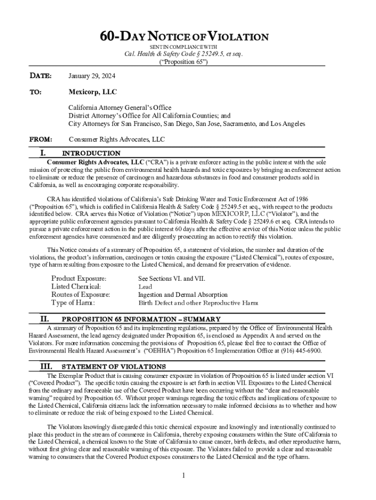 Fillable Online 60-day Notice of Violation of Health & Safety Code ...
