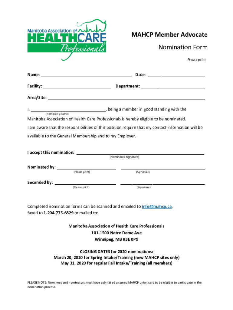 Fillable Online Mahcp Member Advocate Nomination Form Fax Email Print ...