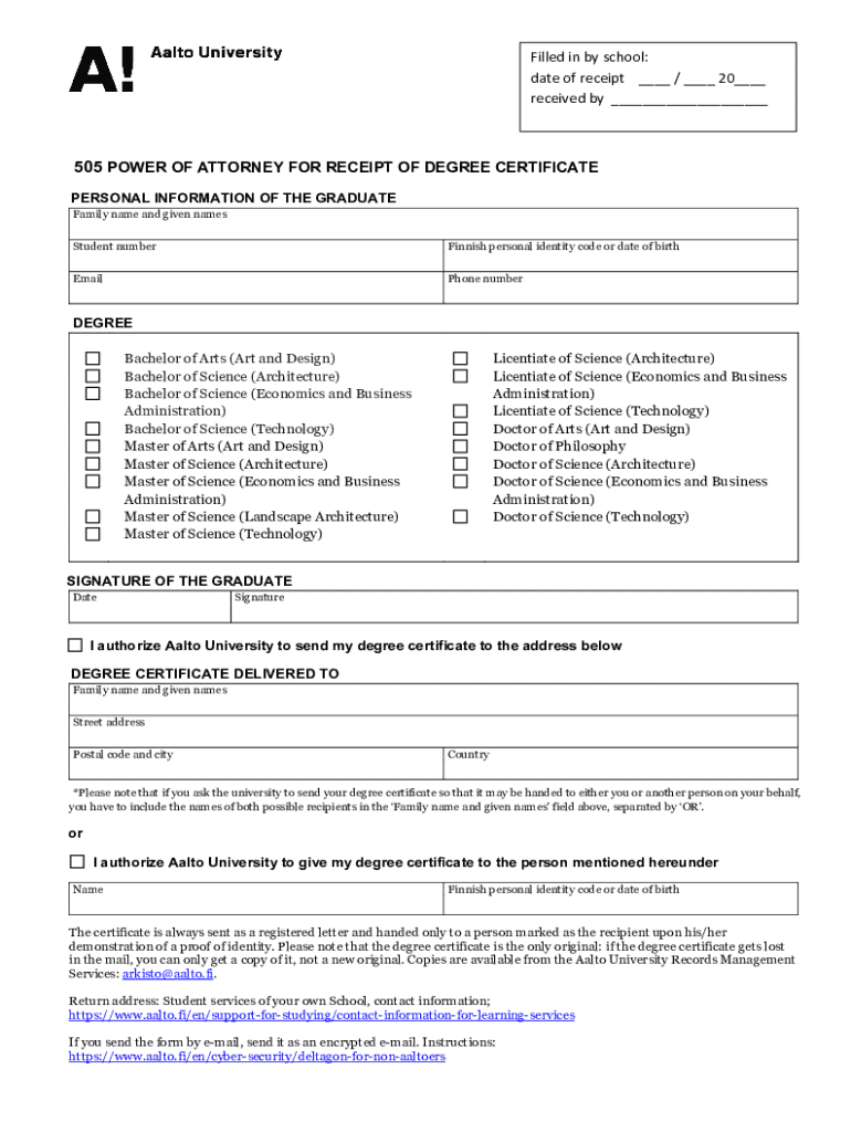 Fillable Online 505 Power of Attorney for Receipt of Degree Certificate ...
