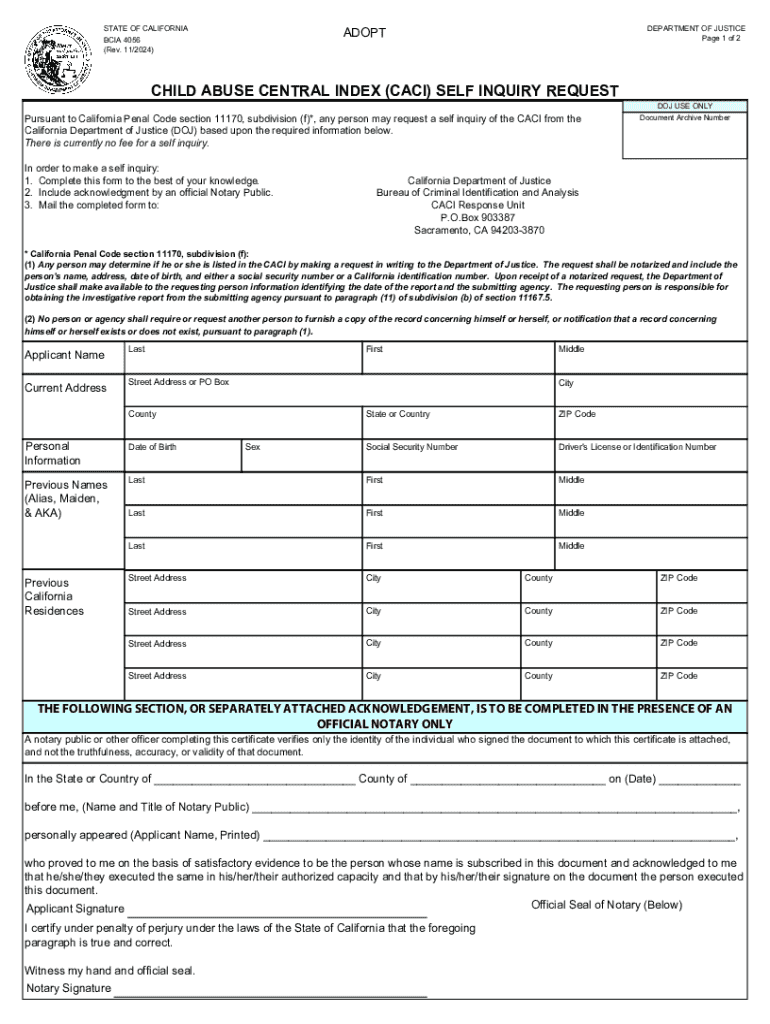 Fillable Online Child Abuse Central Index (caci) Self Inquiry Request ...