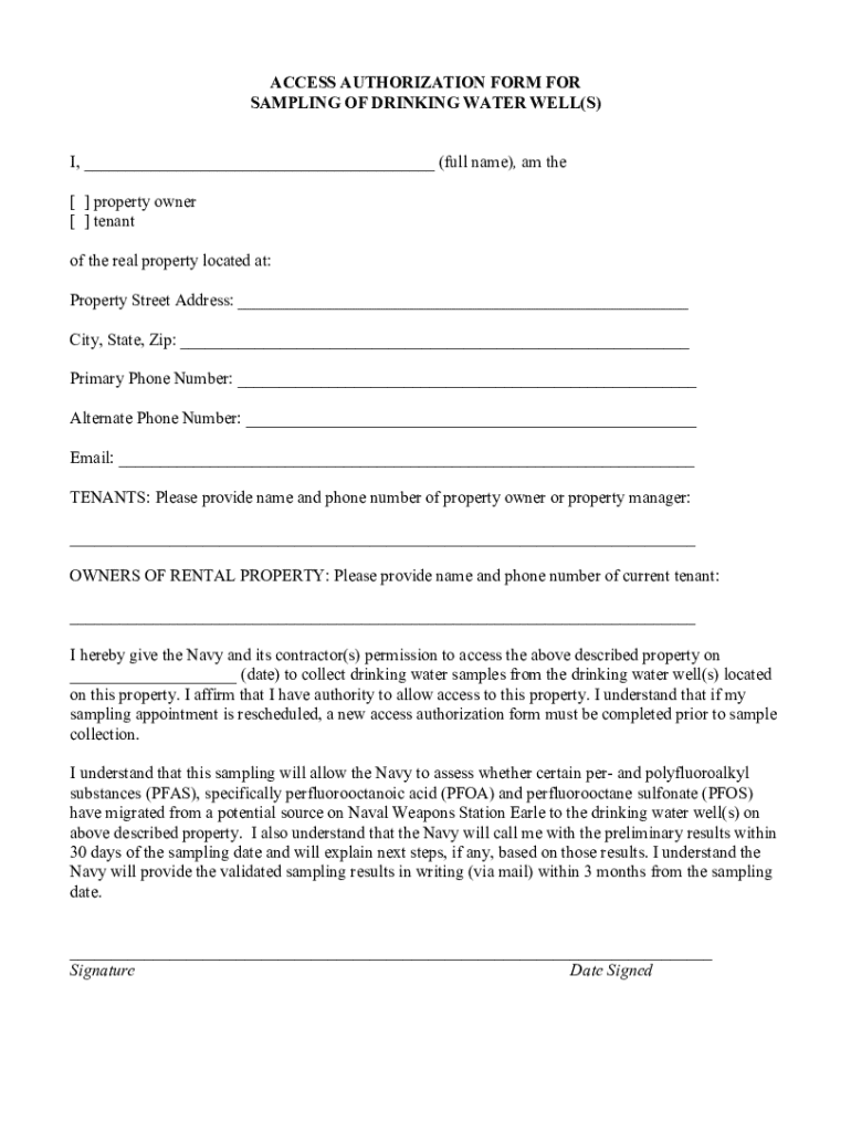 Fillable Online Access Authorization for Drinking Water Sampling Fax Email Print - pdfFiller