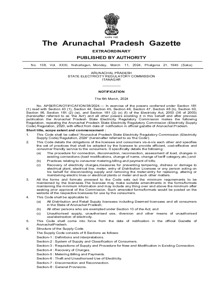 Fillable Online Arunachal Pradesh State Electricity Regulatory ...