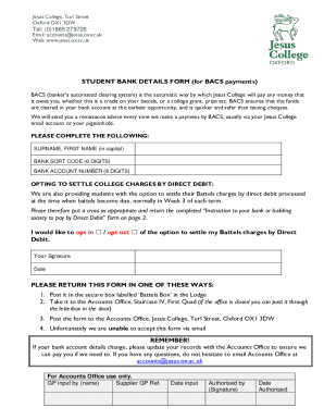 Fillable Online Student Bank Details Form (for Bacs Payments) Fax Email ...