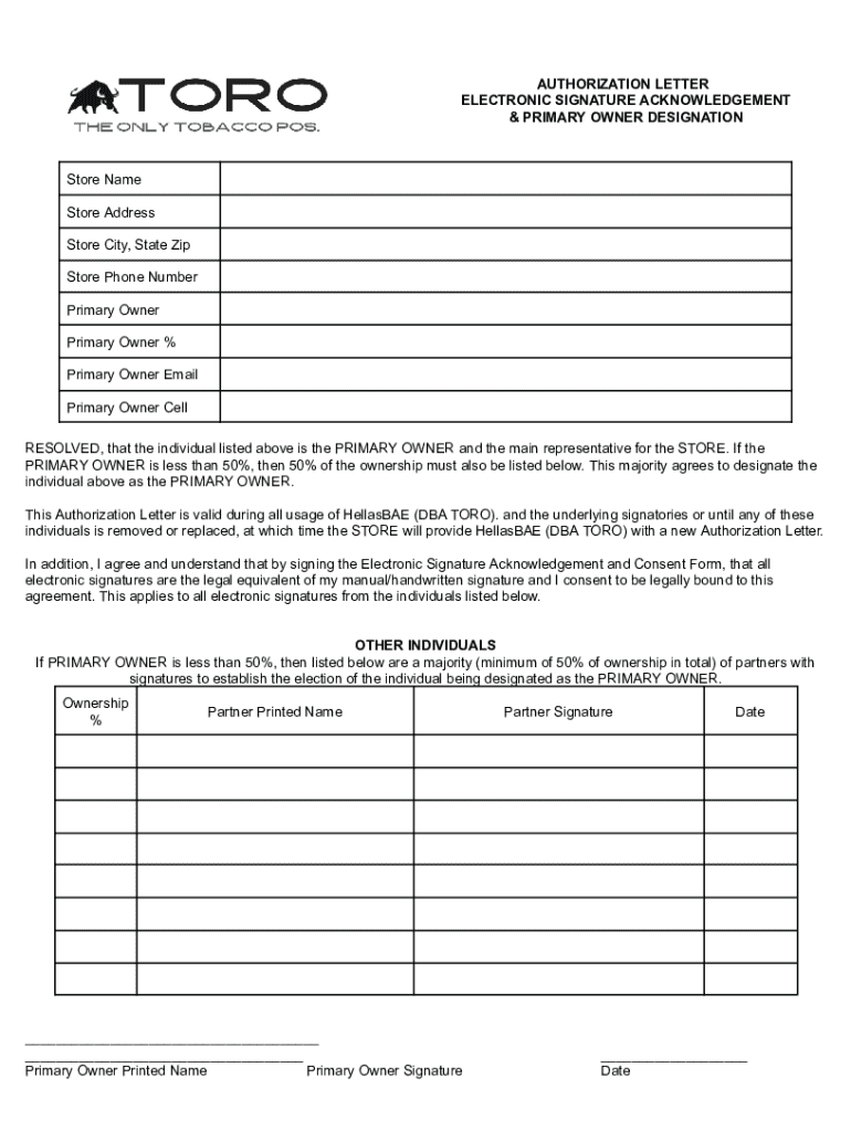 Fillable Online Electronic Signature Acknowledgement & Primary Owner ...