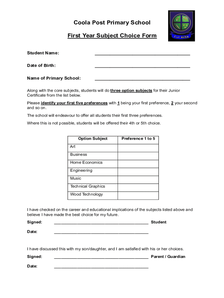 Fillable Online Coola Post Primary School First Year Subject Choice Fax ...