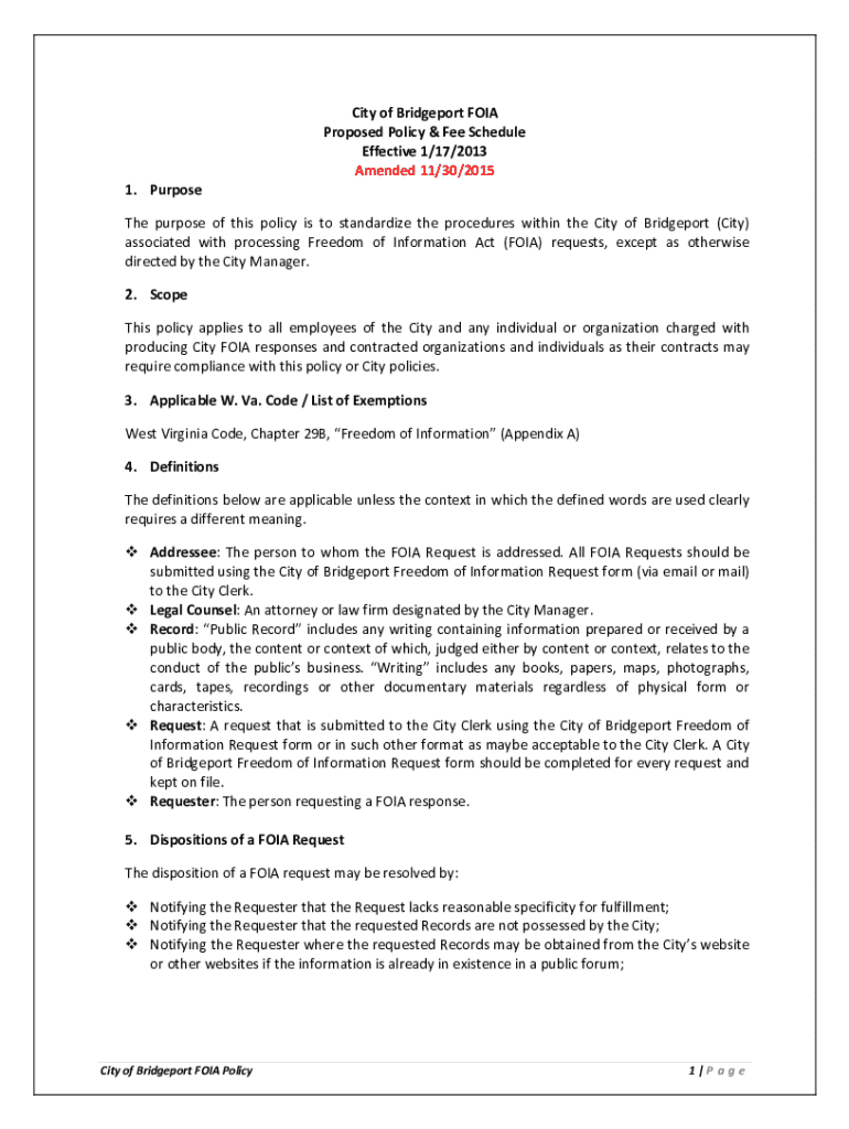 Fillable Online City of Bridgeport Foia Proposed Policy & Fee Schedule ...