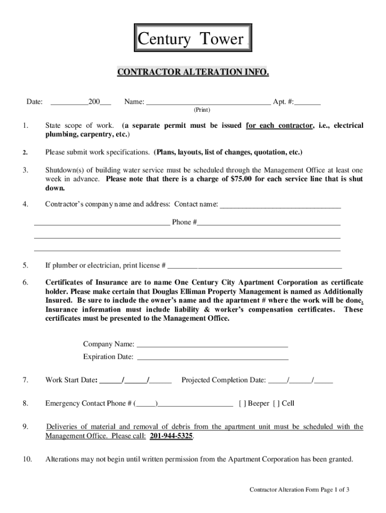 Fillable Online Century Tower Contractor Alteration Information Fax Email Print - pdfFiller