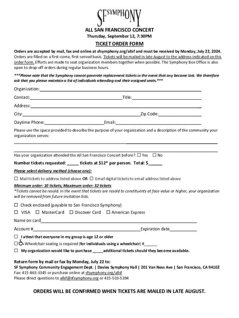 Fillable Online All San Francisco Concert Ticket Order Form Fax Email ...